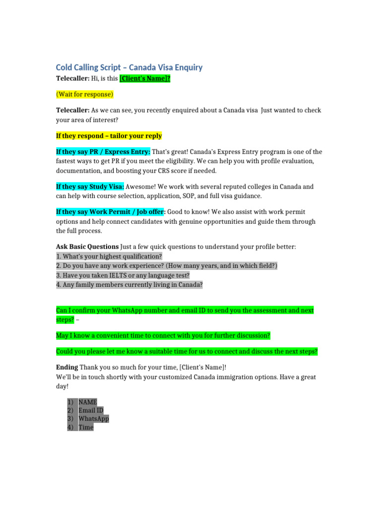 Canada Immigration Cold Call Script | PDF