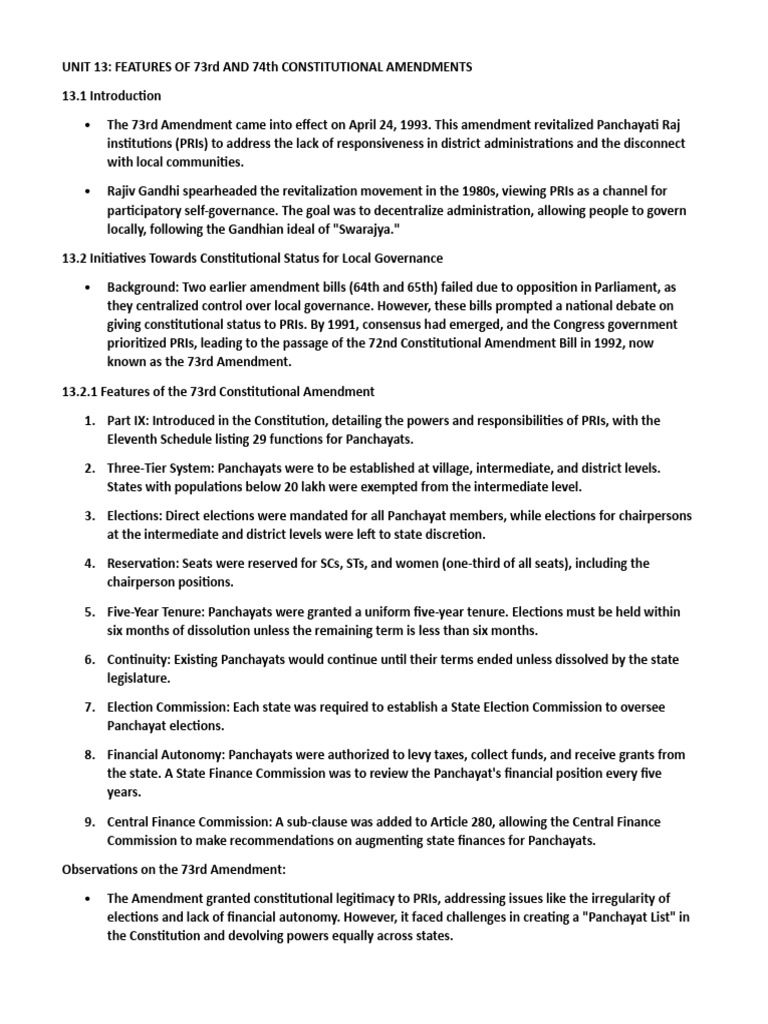 Unit 13 - FEATURES OF 73rd AND 74th CONSTITUTIONAL AMENDMENTS | PDF | Government Of India ...