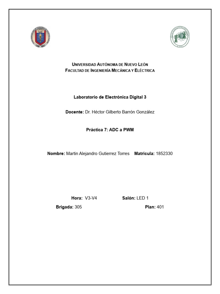 Practica 7 ADC A PWM 1852330 | PDF | Ingeniería Electrónica | Electricidad