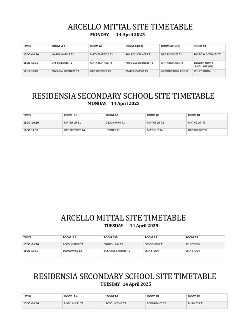 Arcello Mittal & Residensia Timetables | PDF