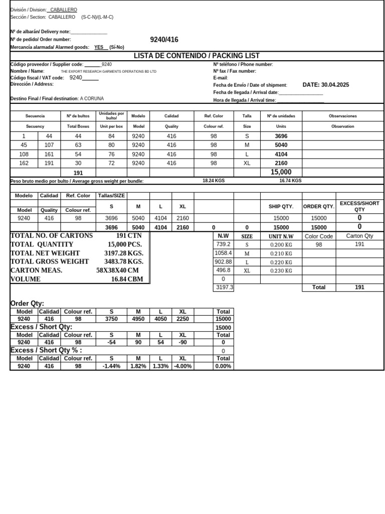 Packing List: Ropa Caballero 9240/416 | PDF