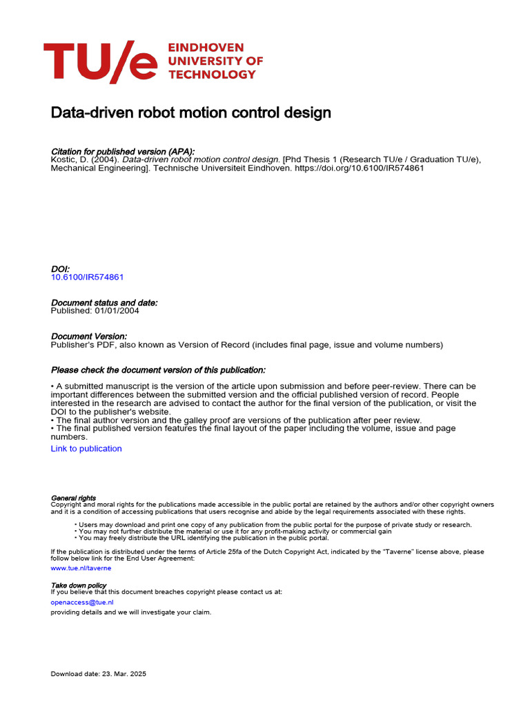 Data-Driven Robot Motion Control Design: WWW - Tue.nl/taverne | PDF | Friction | Robotics
