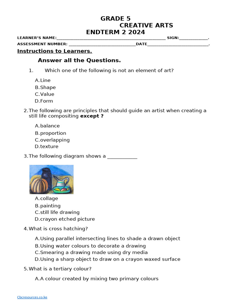 GRADE 5 CREATIVE ARTS Endterm 1 Exam 2024 | PDF | Drawing | Color