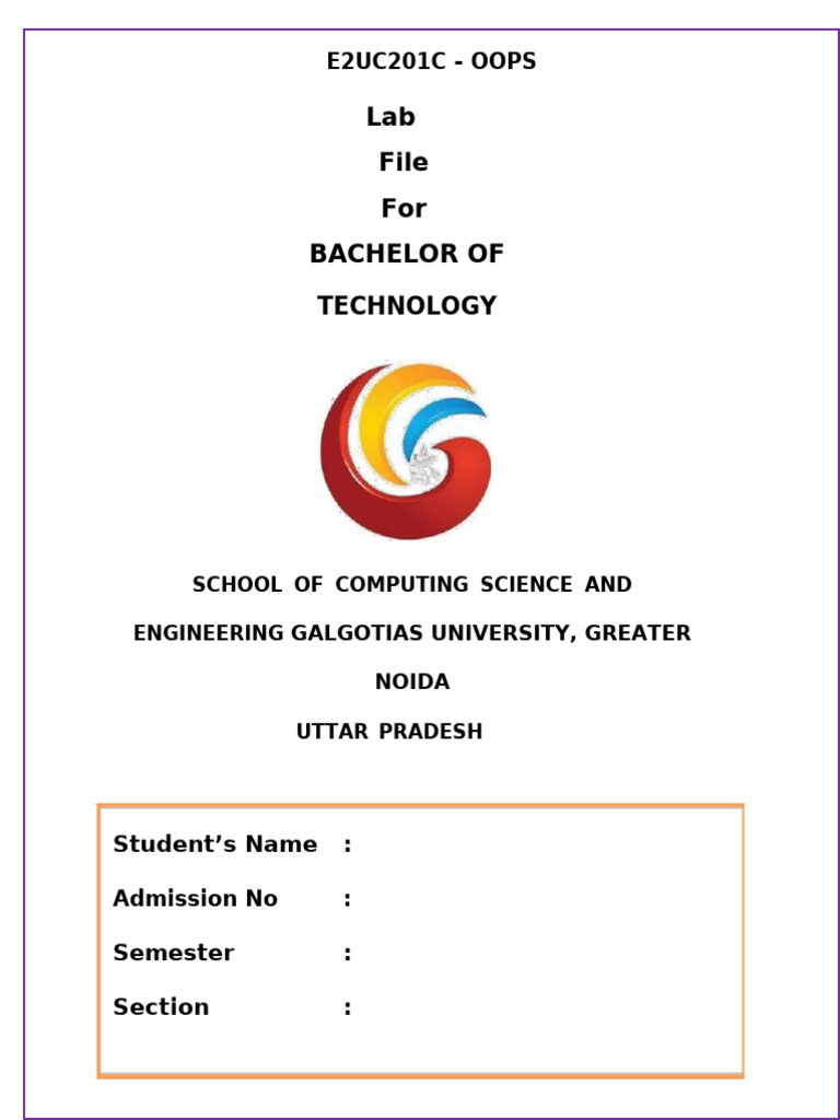 OOPS Lab File Front Page | PDF