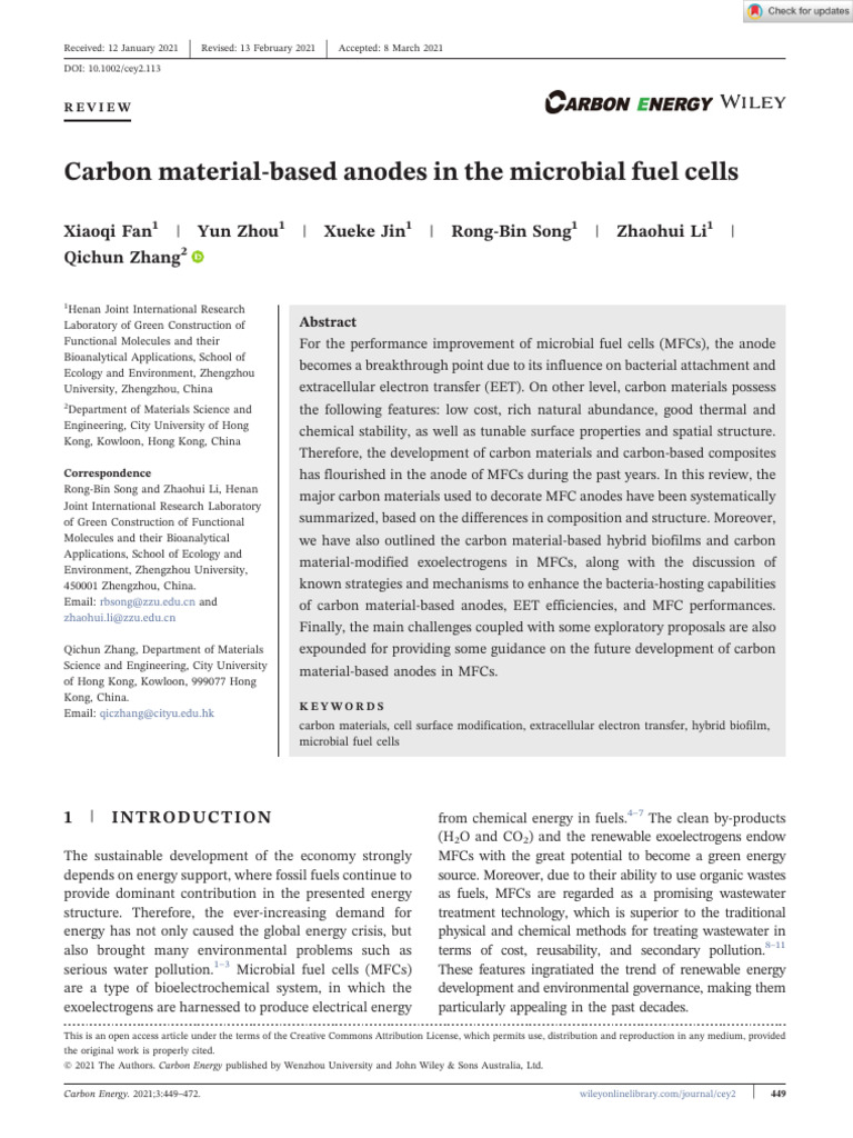 Carbon Energy - 2021 - Fan - Carbon Material Based Anodes in The Microbial Fuel Cells | PDF ...