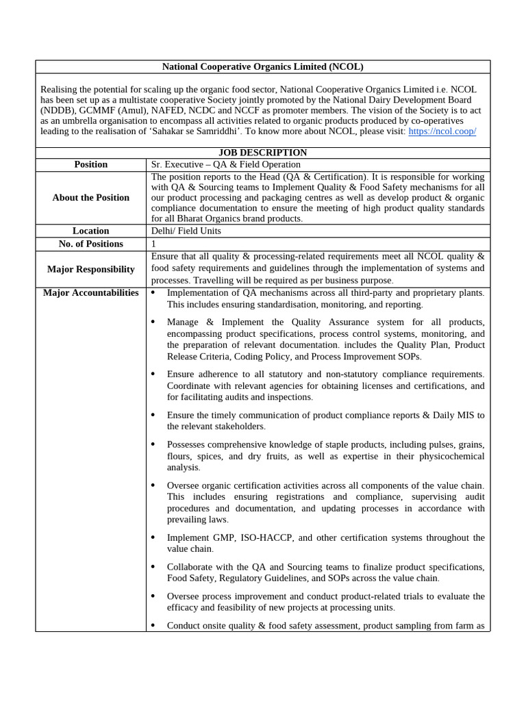NCOL Sr. Executive QA & Field Ops Job | PDF | Quality Assurance ...