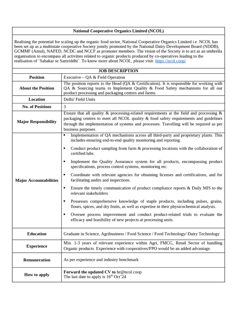 Executive Role in Organic QA at NCOL | PDF | Food Safety