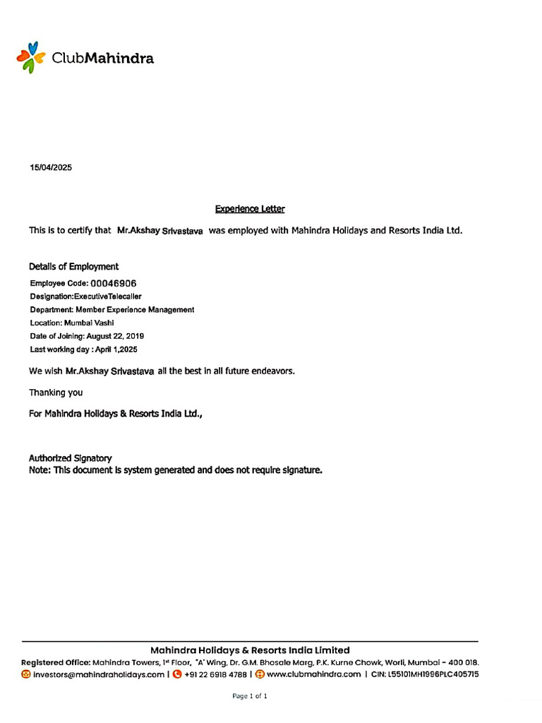 Club Mahindra Exp Letter | PDF