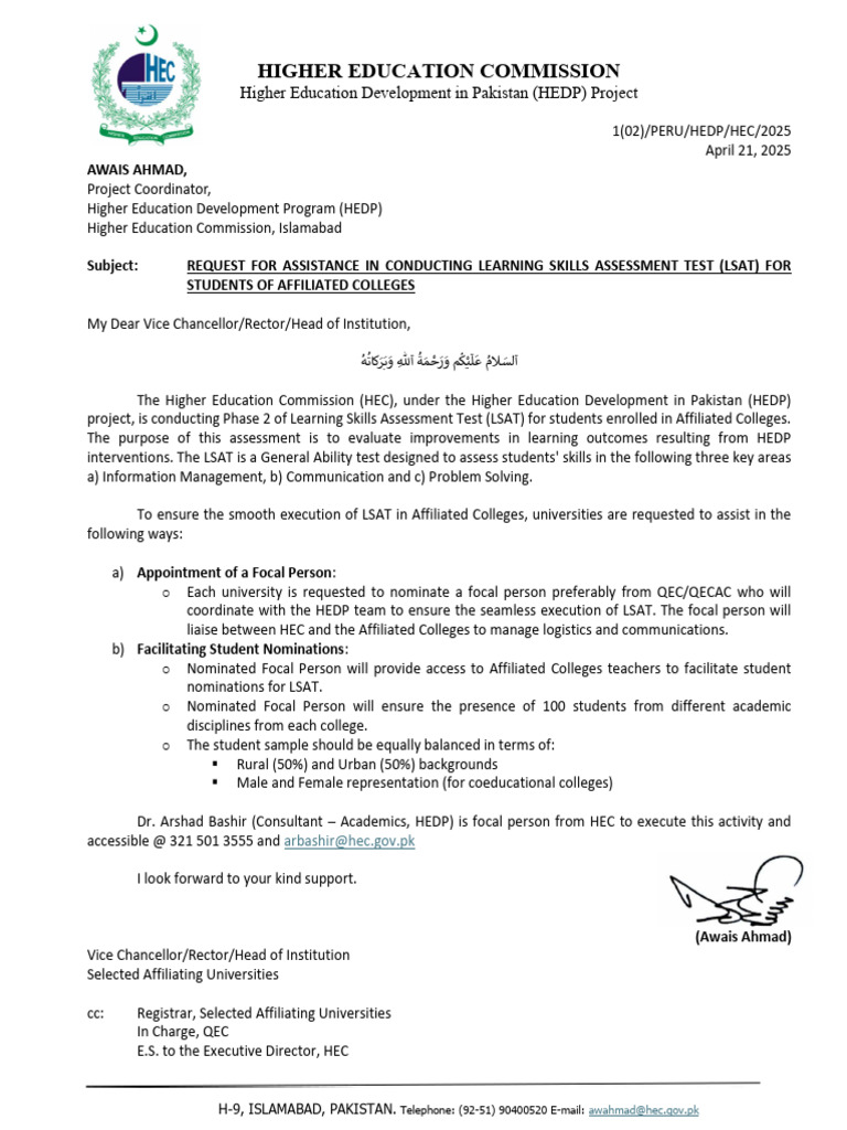 Letter For Assistance in Conducting LSAT For Students of Affiliated ...