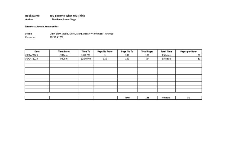 Studio Log Sheet - You Become What You Think - Adwait | PDF