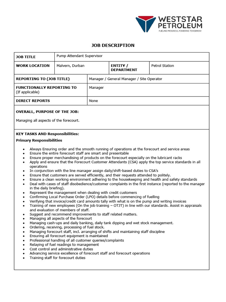 Vacancy For Pump Attendant Supervisor - 19 AUG 2024 | PDF | Filling ...