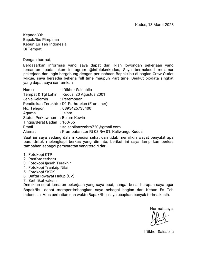 Surat Lamaran Kerja di Mixue | PDF
