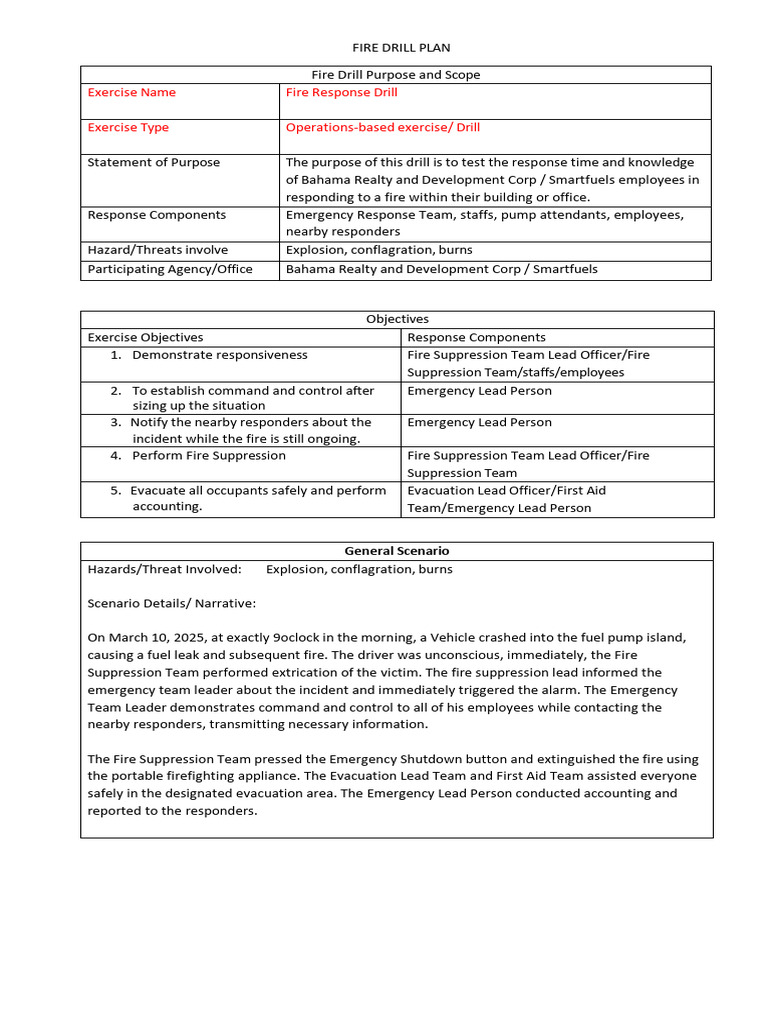 Fire Drill Plan Sample Only | PDF | Firefighting | Emergency