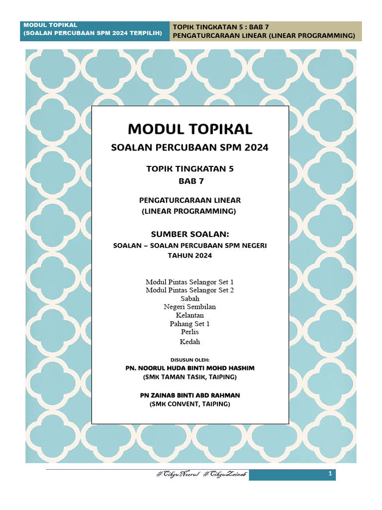 T5 Bab 7 Linear Programming (PSPM 2024) - Soalan | PDF