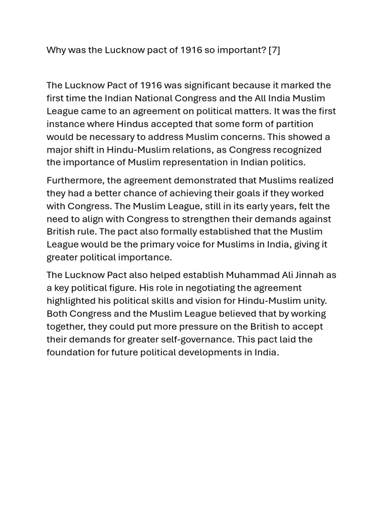Importance of Lucknow Pact 1916 | PDF