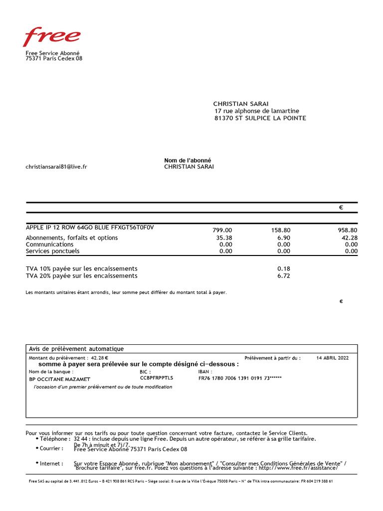 Facture Free de 42,28 € à payer | PDF | Taxe sur la valeur ajoutée ...