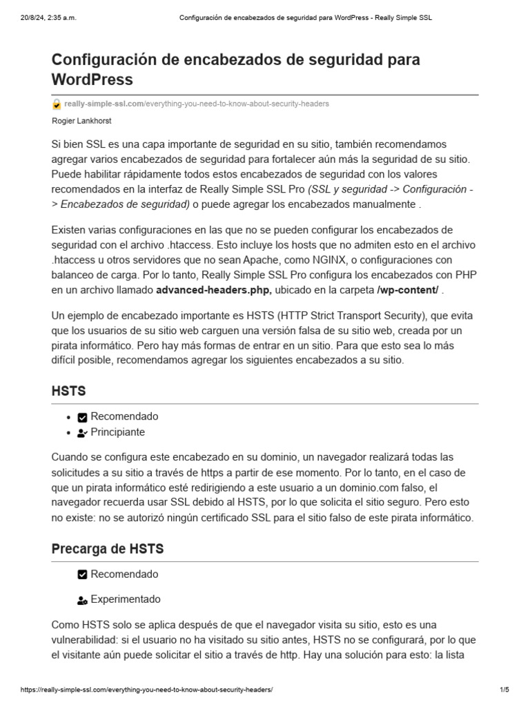 Configuración de Encabezados de Seguridad para WordPress - Really Simple SSL | PDF | Transport ...
