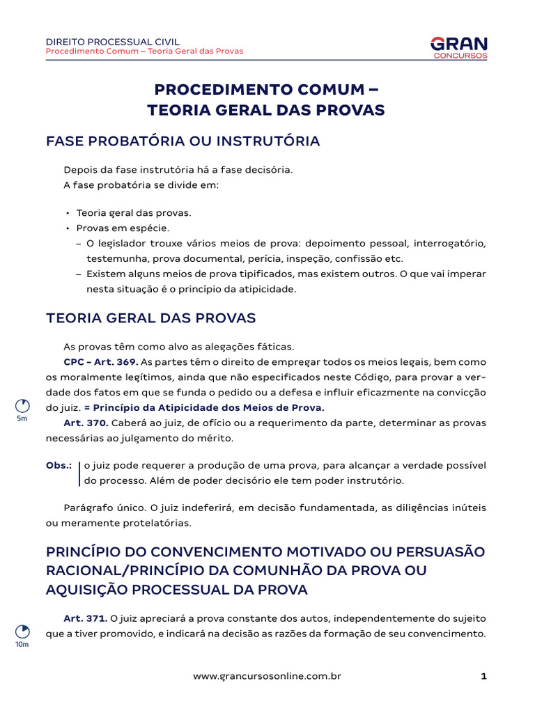 Teoria Geral das Provas no CPC | PDF | Prova (jurídico) | Separação de ...