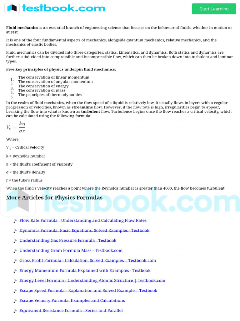 Fluid Mechanics Formulas and Principles | PDF