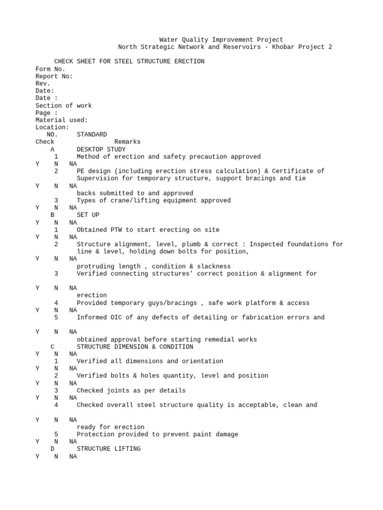 Steel Structure Erection Checklist | PDF | Screw | Nut (Hardware)