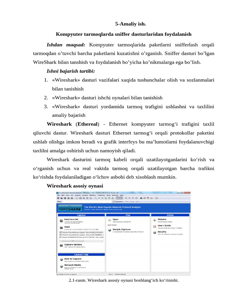 Ishdan Maqsad:: 5-Amaliy Ish. Kompyuter Tarmoqlarda Sniffer Dasturlaridan Foydalanish | PDF