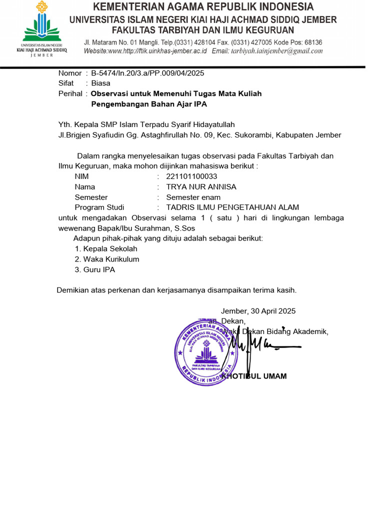 Trya Surat Observasi | PDF