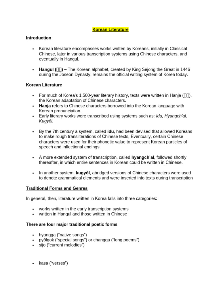 Overview of Korean Literature History | PDF | Korean Language | Chinese ...