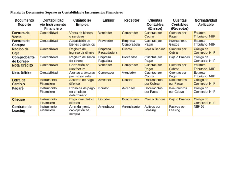 Matriz de Documentos Soporte en Contabilidad e Instrumentos Financieros | PDF | Contabilidad ...