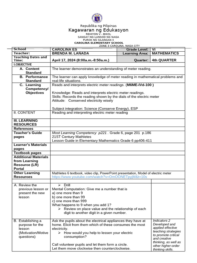 Cot 4 Math 6 Read and Interpret Electric Meter | PDF