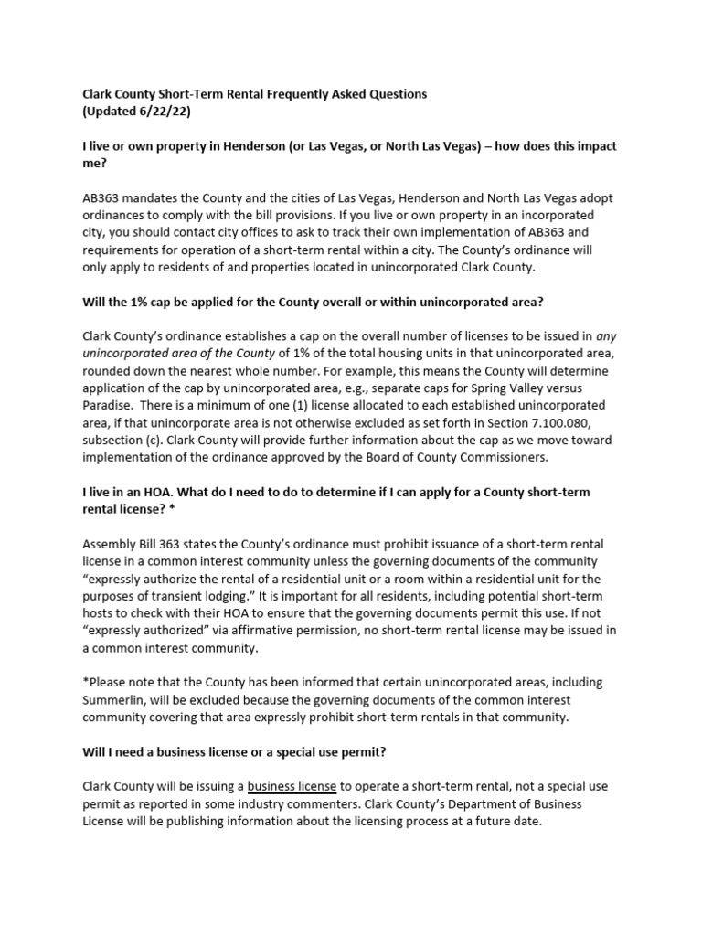 Clark County Short-Term Rental FAQs | PDF | License | Local Ordinance