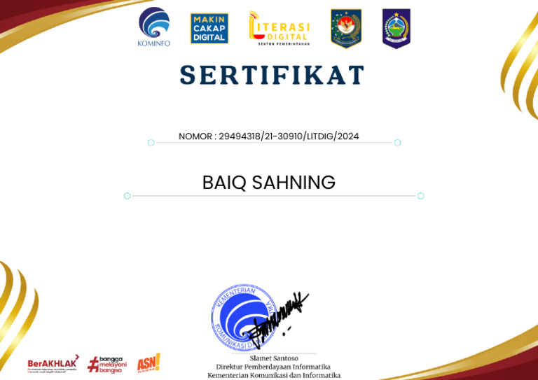Sertifikat Peserta Literasi DigitalNOMOR _ 29494318_21-30910_LITDIG_2024 (1) | PDF