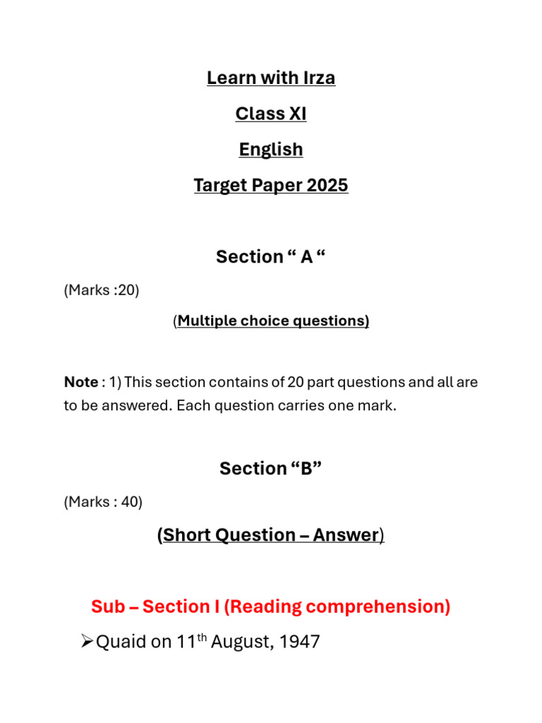 Class 11 English Target Paper 2025 | PDF