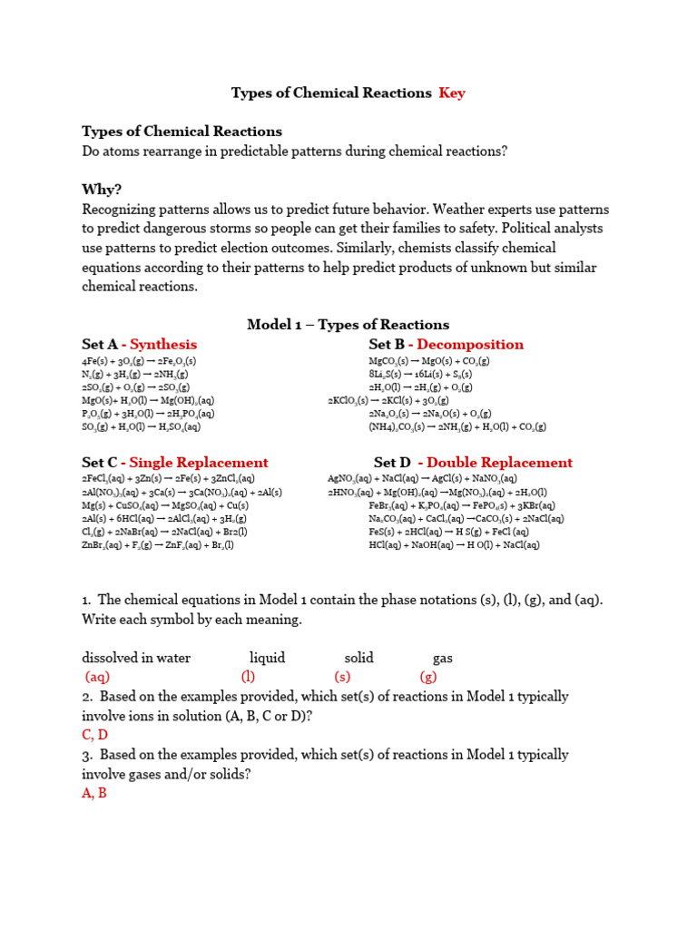 Types of Chemical Reactions Key | PDF | Chemical Reactions | Hydroxide