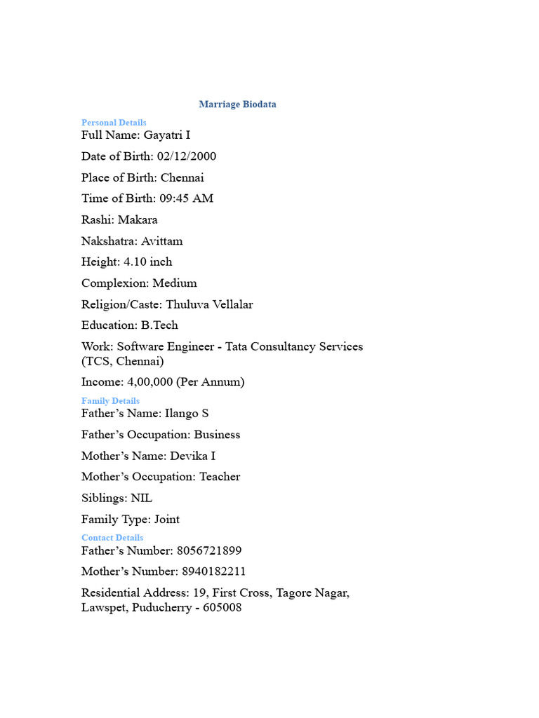 Gayatri I Marriage Biodata.docx | PDF