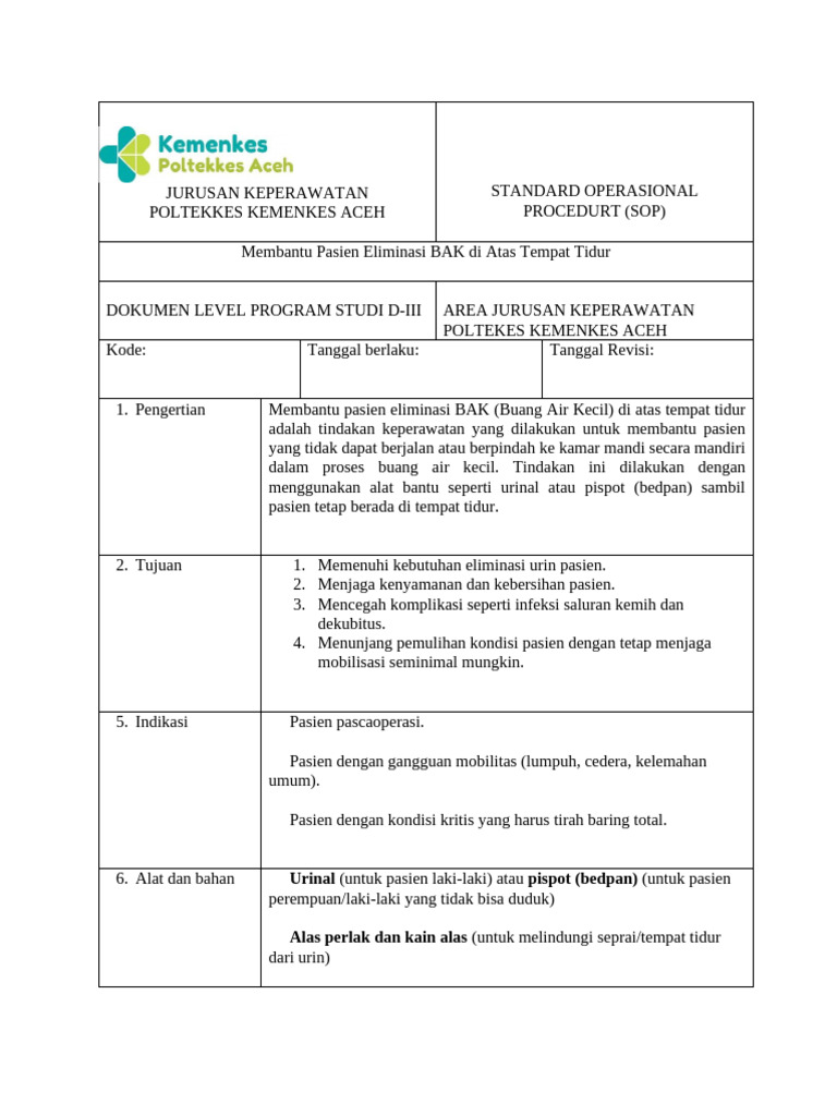 Sop Membantu Pasien Eliminasi Bak Di Atas Tempat Tidur | PDF