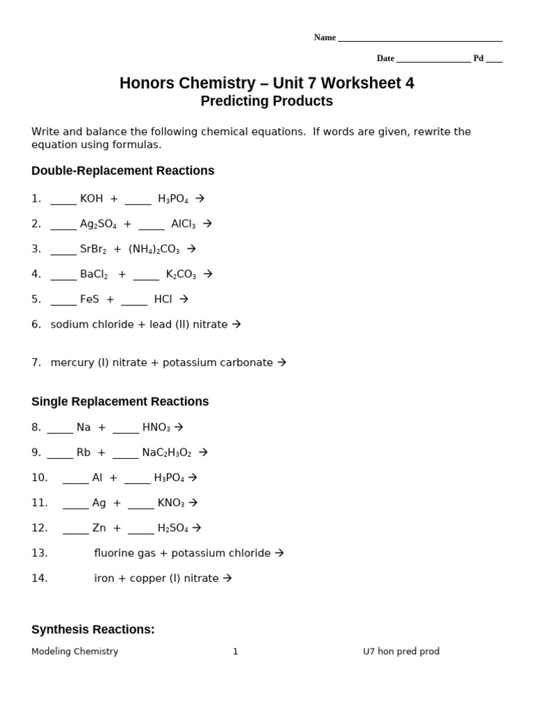 07 Worksheet 4 Predicting Products | PDF | Aqueous Solution | Chemical ...