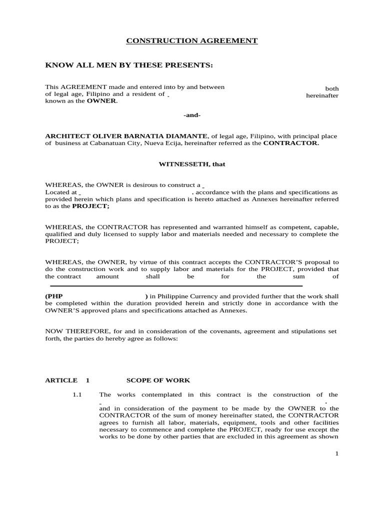 Construction Agreement Template | PDF | Employment | Private Law