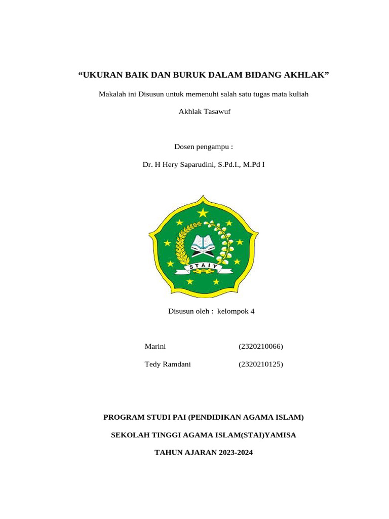 Ukuran Baik Dan Buruk Dalam Bidang Akhlak - Kelompok 4 Tedy Ramdani-Marini - Kelas 2C Pai | PDF