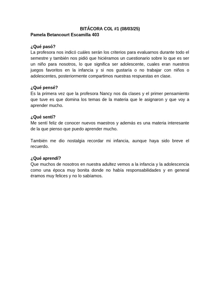 BITÁCORA COL 1 Pamela Betancourt Escamilla 403 | PDF