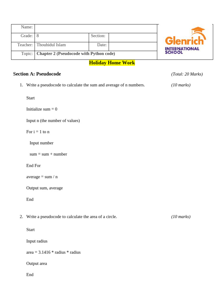 Pseudocode and Python Exercises for Grade 8 | PDF