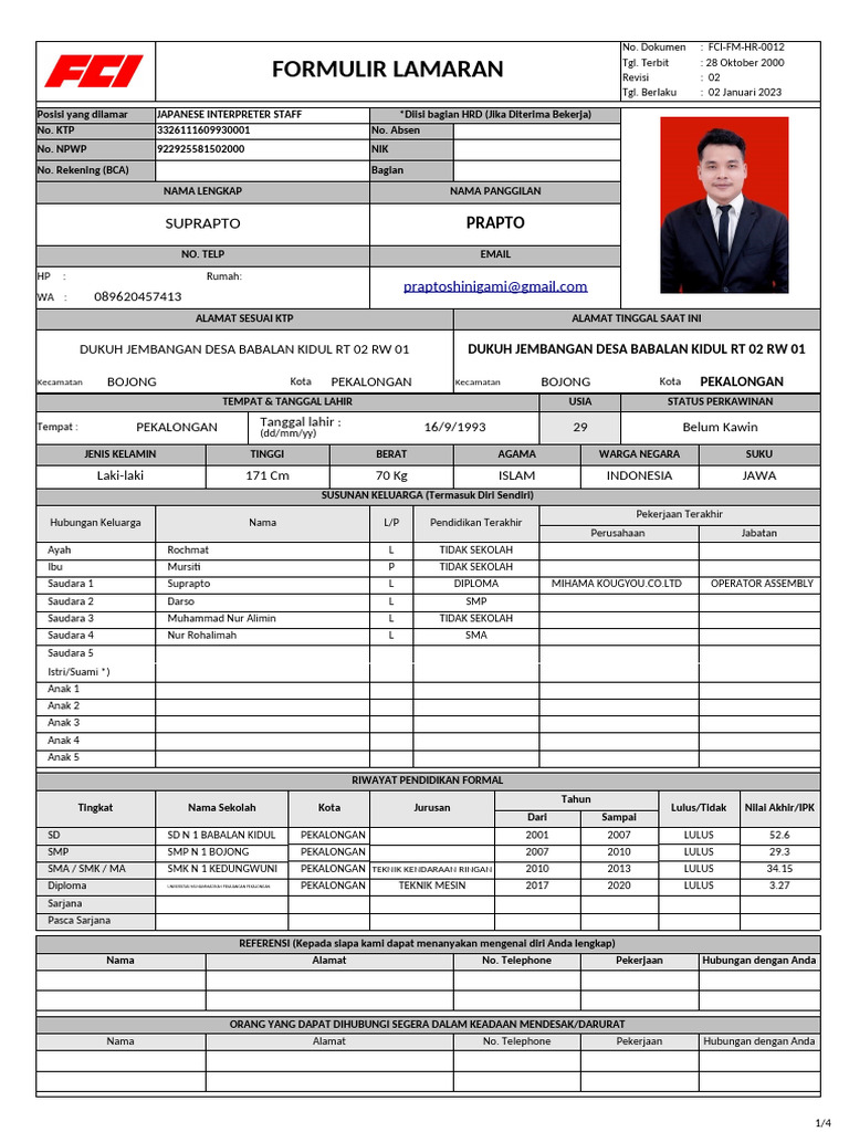 FCI-FM-HR-0012 FORM LAMARAN KERJA_SUPRAPTO | PDF