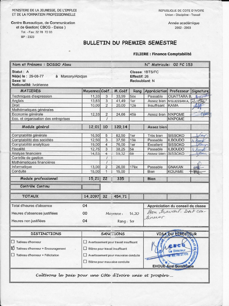 Relevé de Note 1 Bts | PDF