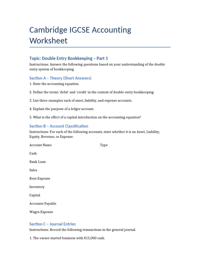 Cambridge Double Entry Bookkeeping Worksheet | PDF
