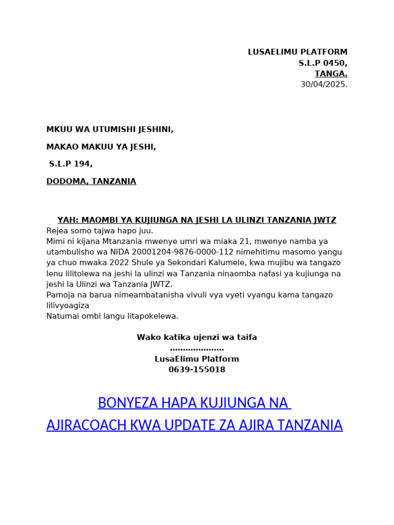 Sample Ya Barua Ya Maombi Ya Ajira JWTZ | PDF