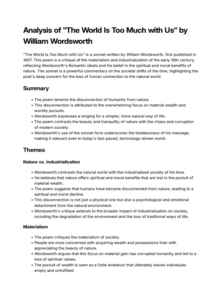 Analysis of 'The World Is Too Much With Us' by William Wordsworth | PDF ...