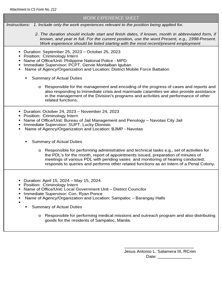 CS Form No. 212 Work Experience Sheet | PDF | Law Enforcement | Crime ...