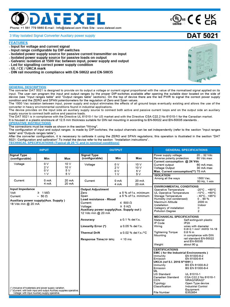 DAT 5021 Signal Converter Overview | PDF | Power Supply | Electrical ...