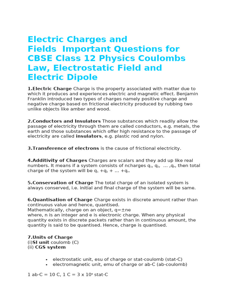 Electric Charges and Fields Class12 | PDF | Electric Charge | Electric ...