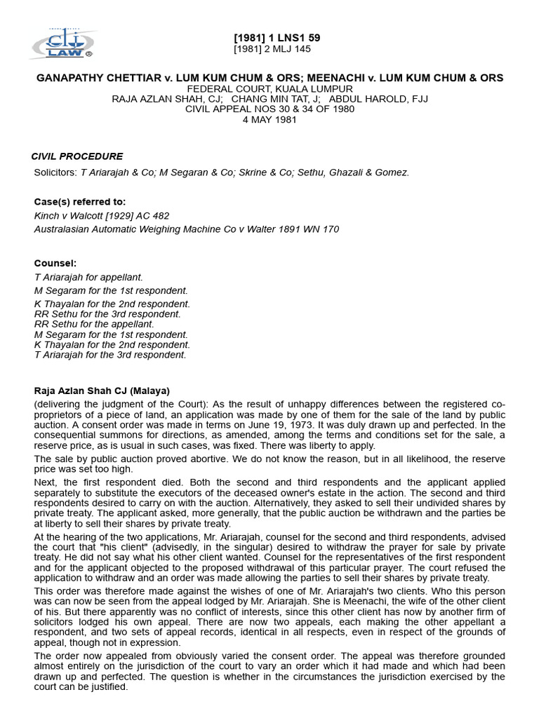 Ganapathy Chettiar v. Lum Kum Chum & Ors Meenachi v. Lum Kum Chum & Ors Federal Court - Case ...
