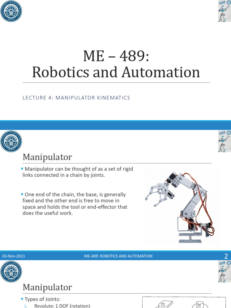 Lecture 4 - Manipulator Kinematics | PDF | Kinematics | Mechanics